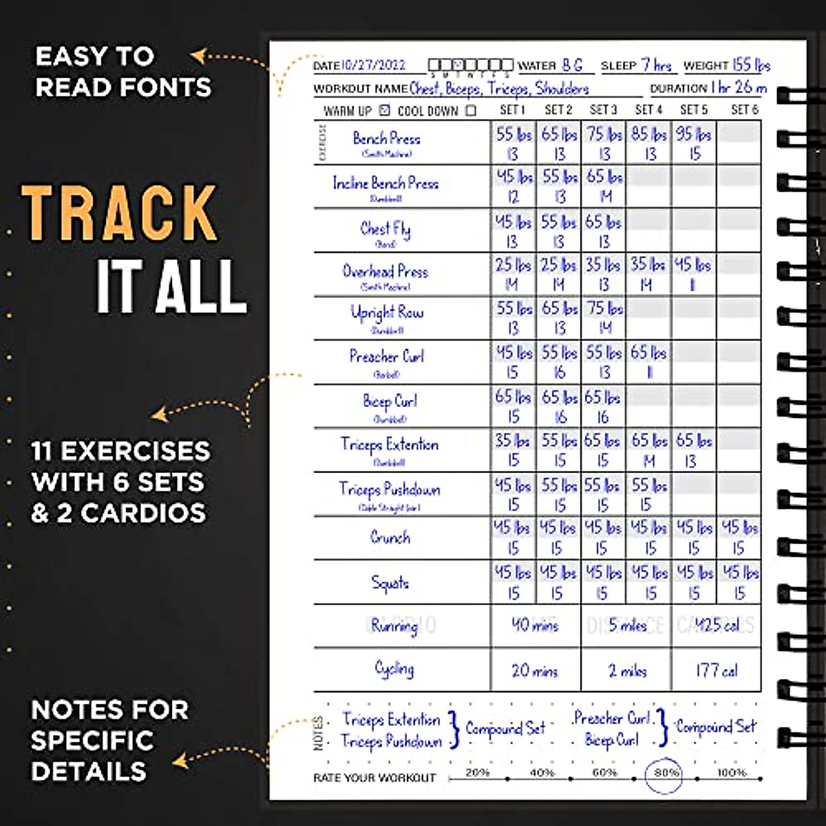 Hardcover Fitness Journal Workout Planner for Men & Women - A5 Sturdy Workout Log Book to Track Gym & Home Workouts