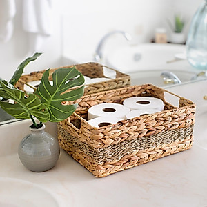 Artera Large Wicker Storage Basket - Set of 4 Woven Water Hyacinth Baskets with Handle, Large Rectangular Natural Nesting Storage Bins for Bedroom, Bathroom, Laundry Room or Kitchen (Style 1)