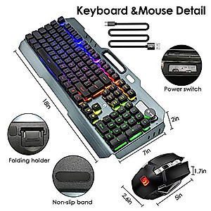 Wireless Gaming Keyboard and Mouse,16 Kinds RGB LED Backlit Rechargeable Keyboard Mouse with 4800mAh Battery Metal Panel,Mechanical Feel and Gaming Mute Mouse for Computer Gamers(Black RGB Backlit)