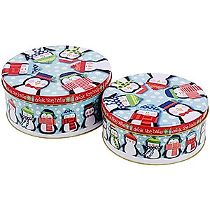 Round Nesting Tins With Holiday Print Designs Bundle of 2 Round Metal Tins with Lids for Cookies, Candy, Food Presents - 1- 6 and 3/4 Inches and 1- 6 inches Diameter
