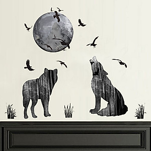 Wland 33 inches x 28 inches Moon Wolves Mountain Forests Silhouette Animals Wall Stickers Decals Decorations for Children Nursery Kids Room