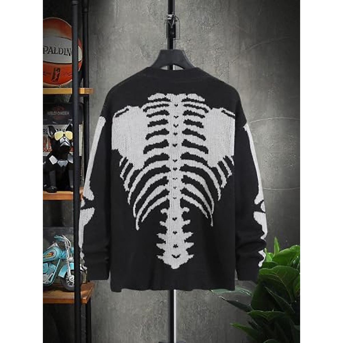 SHENHE Men's Skeleton Print Long Sleeve Cardigan Sweaters V Neck Button Down Outwear Coats Black L