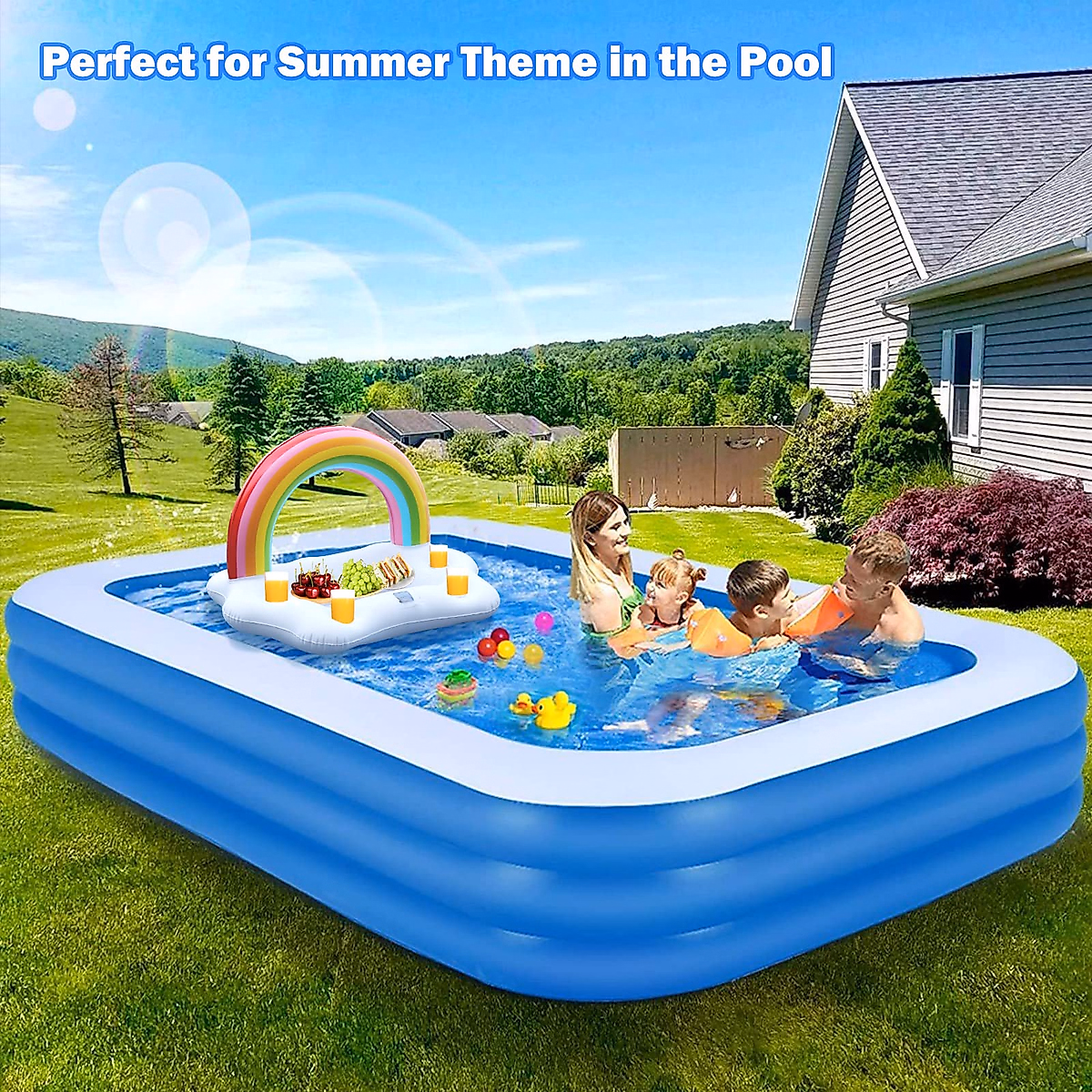 FirstE Inflatable Rainbow Cloud Drink Holder with Lights, Solar Powered Floating Beverage Salad Fruit Serving Bar Pool Float Lights Party Accessories, Floating Bar Cup Holder for Water Fun 2PC