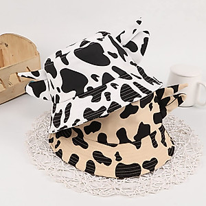 Skyearman Unisex Cow Bucket Hat with Cute Horn Ears Cow Print Summer Hat Fisherman's Hat Print Sun Cap for Women with Uv Protection (Cow Black),onesize