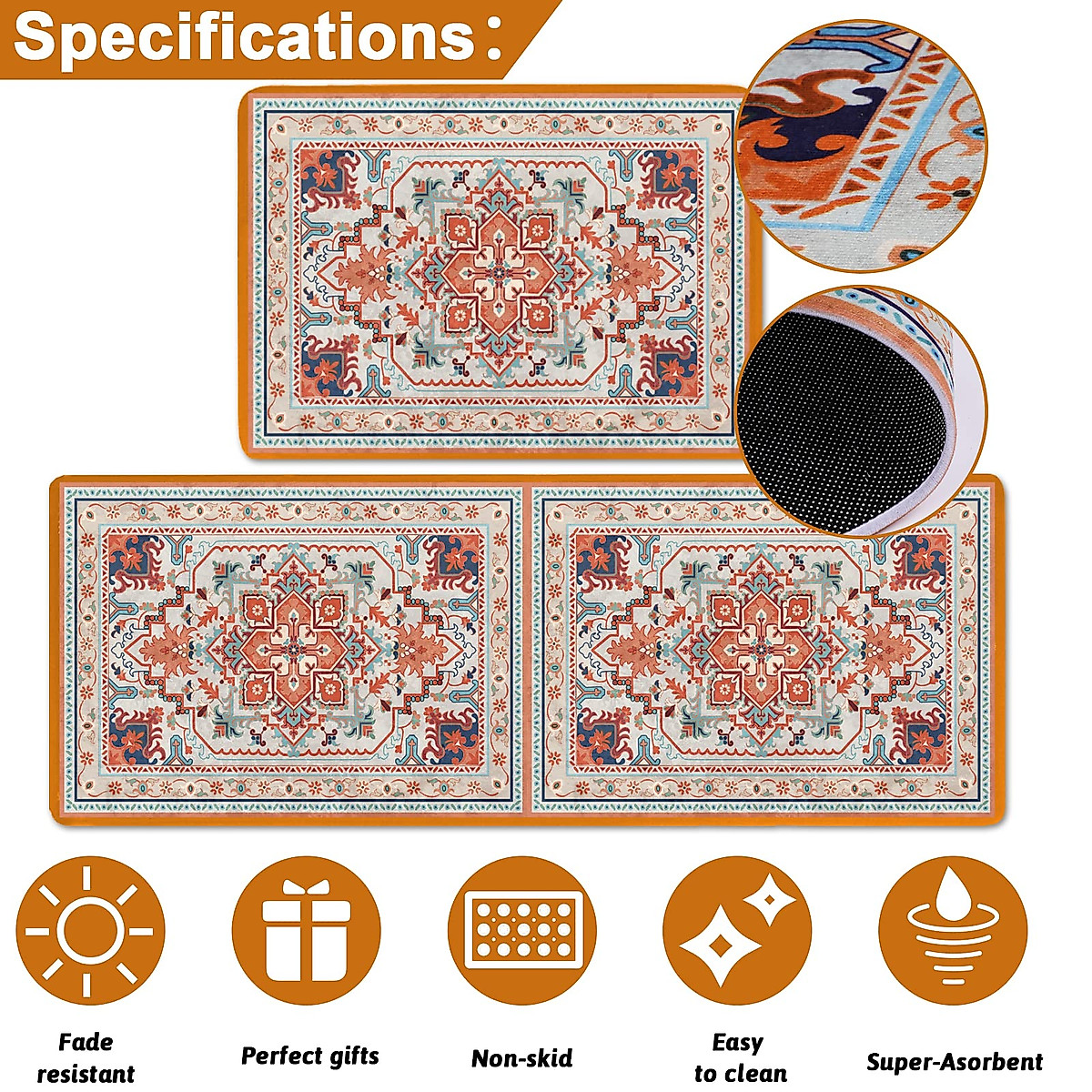 OBUSATT Boho Anti Fatigue Kitchen Rug and Mat Non-Slip Washable Boho Farmhouse Mats, Waterproof, Easy Clean Thick Kitchen Mat Set for Home, Office, Sink, Laundry Floor