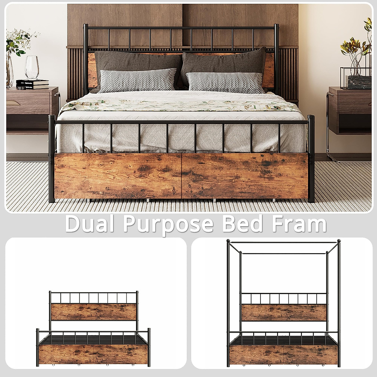 LIKIMIO Canopy Bed Frame Queen with Wooden Headboard and Drawer, Queen Size Bed Frame with 4 Removable Sturdy Posts, Noise Free, No Box Spring Needed, Rustic Brown