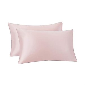 Amazon Basics 100% Polyester Satin Pillowcases for Hair and Skin, Envelope Closure - Blush, Standard, Pack of 2, 26"L x 20"W