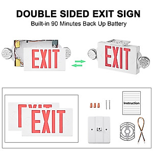 Red Exit Sign with Emergency Lights, 110-277V Double Sided LED Combo Emergency Light with 2 Rotating Flood Lights, Fire Resistant, UL Certified, Exit Sign with Battery Backup for Business