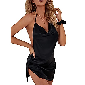 LYANER Women's Satin Tie Neck Drape Backless Split Hem Chemise Nightgown Slip Dress Black Medium