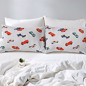 Feelyou Race car Comforter Set Speed Sports Car Bedding Set Racing Car Comforter White Grey Quilted Duvet Set for Kids Boys Girls Microfiber Twin