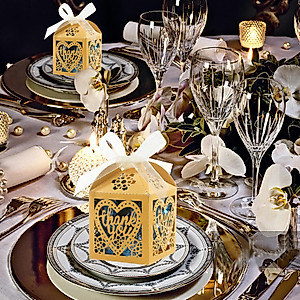 COTOPHER Laser Cut Boxes, 100pcs Thank You Gift Boxes Wedding Party Favor Boxes Lace Candy Boxes for Wedding Bridal Shower Baby Shower Birthday Party Decorations with Ribbons (Gold, 100)