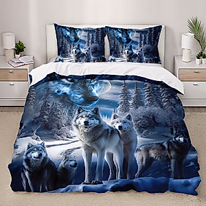 AILONEN Snow Wolf Bedding Queen Duvet Cover Set, 3D Night Galaxy Starry Wolf Comforter Cover Set,Wild Animals Wolf Themed Quilt Cover and 2 Pillowcases for Boys Adults, 3 Pieces