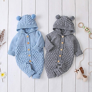 Toddler Baby Boy Girls Cartoon Bear Winter Hooded Jumpsuit Cotton Knitted Sweater Romper Long Sleeve Breasted Bodysuit Knitwear Hoodie Warm Button Coat Overalls Birthday Outfit Light Blue 0-6 Months