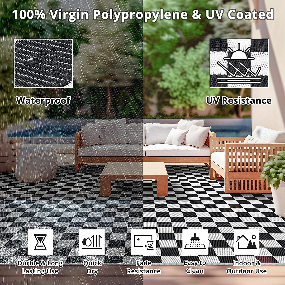 GOTGELIF Black and White Classic Checkerboard Outdoor Area Rug 9x12FT, Reversible & Water-Resistance & Portable Plastic Straw Rug for RV Trips, Picnic, Camping, Outdoor, Garden, Patio