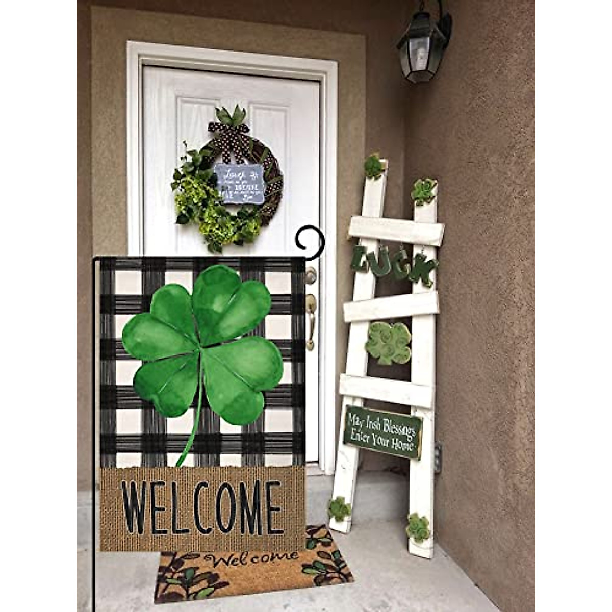 Welcome Spring St. Patrick's Day Clover Small Garden Flag Vertical Double Sided Burlap Buffalo Shamrock Farmhouse Yard Outdoor Decoration 12 x 18 Inches