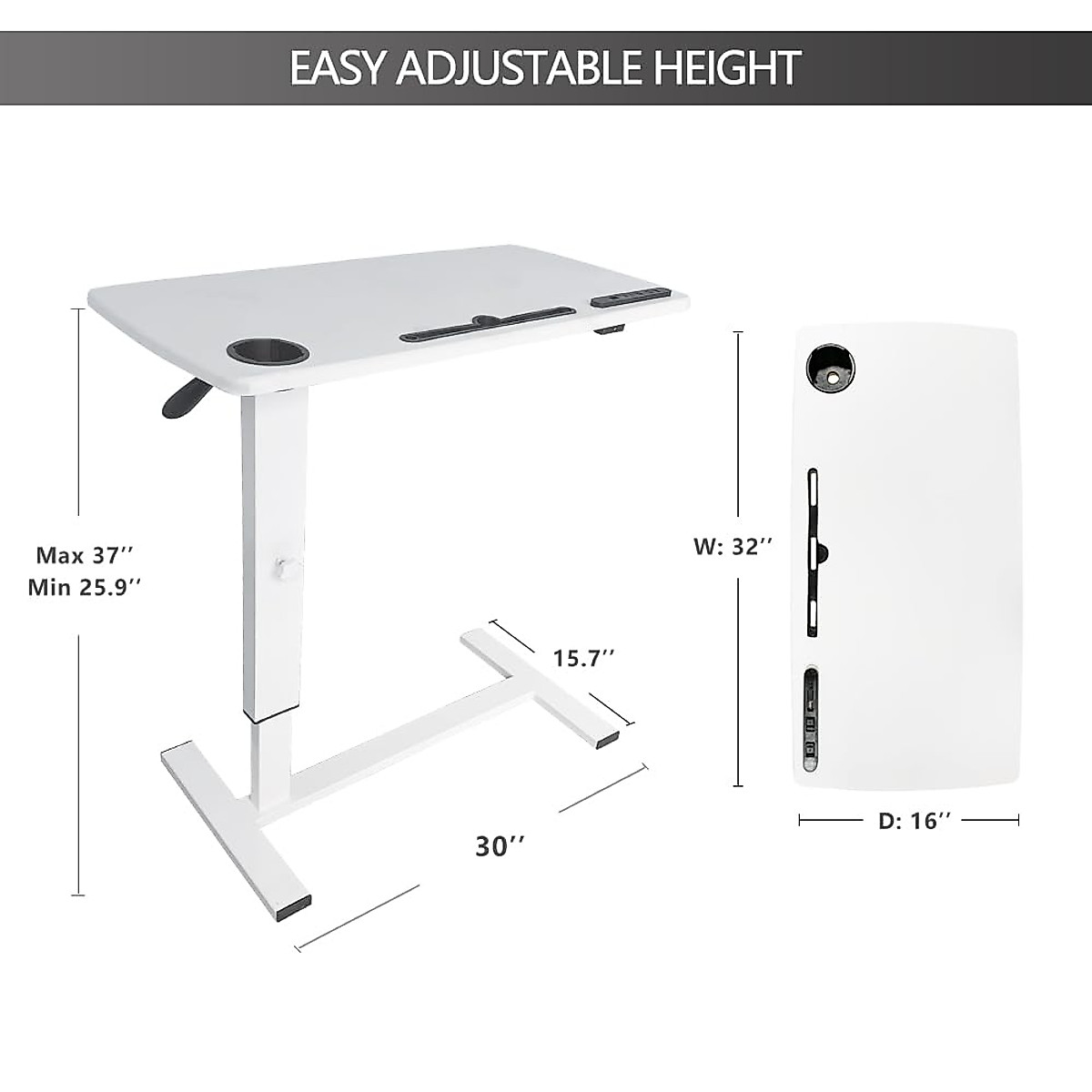 Over bed Table Pneumatic Adjustable Height Stand Desk with hidden Wheels USB Ports Pad slot Mobile Laptop Standing Desk Cart, Podium table (White, 32X16 inshes)