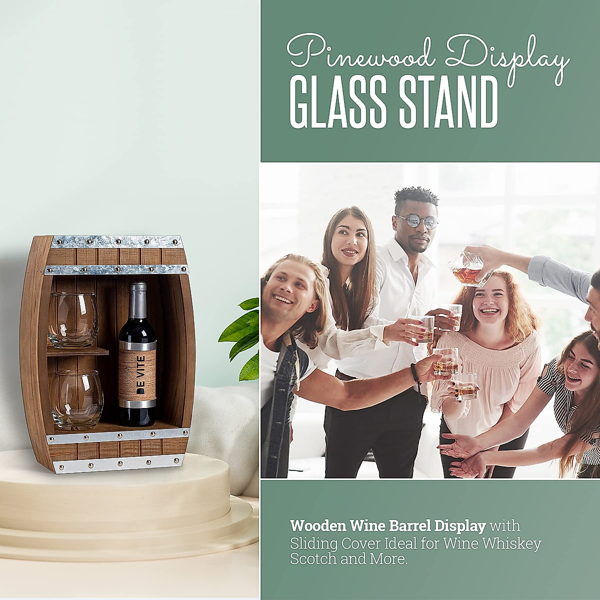 Wooden Wine Barrel Display - Pinewood Display Case with Sliding Cover Ideal for Wine Whiskey Scotch & More - 2 Built-In Shelves for Stemless Wine or Rocks Glasses, A Gift for Wedding or Any Occasion