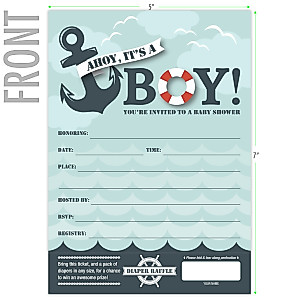 Koko Paper Co It’s A Boy Nautical Baby Shower Invitations with Tear-Off Diaper Raffle Tickets. 25 5x7 Fill in The Blank Style Invites with White A7 Envelopes.