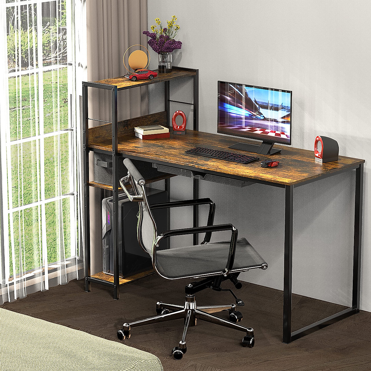 SHW 46-Inch Computer Desk with Adjustable Side Shelf and Drawer, 24" Deep, Rustic Brown