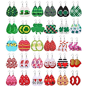 30 Pairs Valentines Day Earrings St Patricks Day Easter Faux Leather Earrings Set for Women Multipack Teardrop Drop Leather Earrings Heart Gnome Clover Green Hat Cute Egg Bunny Dangle Holiday