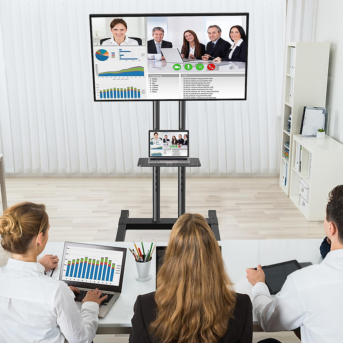 Mobile TV Stand on Wheels for 32-70 Inch Flat/Curved Panel Screens TVs - Height Adjustable Floor Trolley Stand Holds up to 99lbs - Tilt Rolling TV Cart with Shelf Max VESA 600x400mm