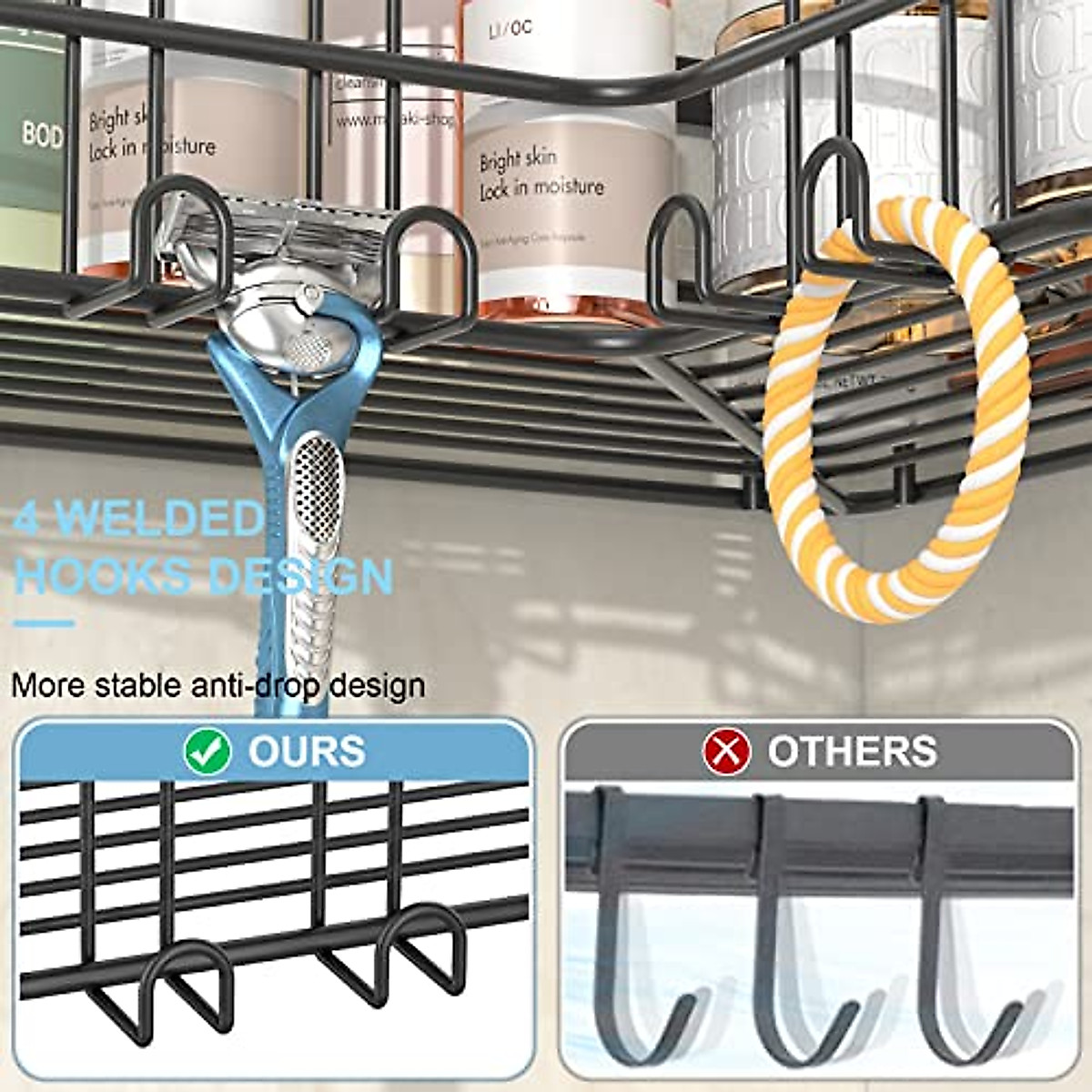 Yazoni Corner Shower Caddy, Adhesive Shower Shelves No Drilling [2-Pack], Rustproof Stainless Steel Bathroom Shower Organizer Wall Mounted with 8 Hooks and 6 Adhesives (Black)