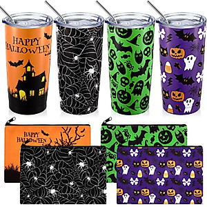 Jingmore 8 Pcs Halloween Themed Gifts For Women Include 4 Halloween Tumbler with Lid and Straw and 4 Ghost Pumpkin Cosmetic Bags,Halloween Coffee Mug Cup with Makeup Bag for Trick or Treat Party Gifts