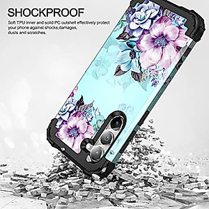 Casetego Compatible with Galaxy S23 5G Case,Floral Shockproof Three Layer Heavy Duty Protective[2 Pcs Tempered Screen Protector+2 Pcs Camera Lens Protector] Case for Samsung Galaxy S23,Blue Flower