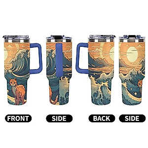 LLUTSNTH 40 Oz Vacuum Tumbler with Deep Blue Handle Leakproof Insulated Tumbler Anime Style Cat Stainless Steel Travel Mug with Lid And Straw Coffee Cup Cute Water Bottles Cup Holder Friendly