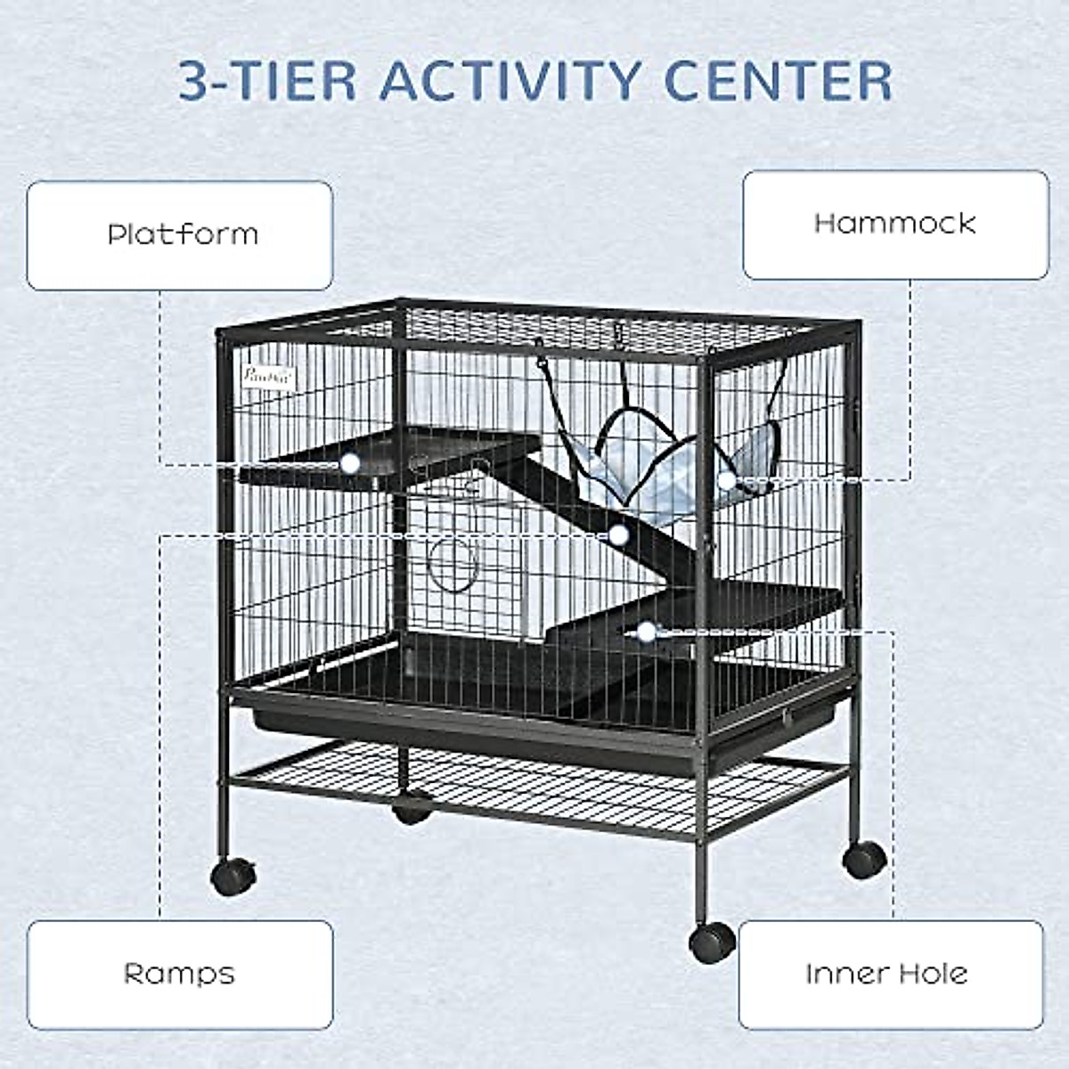PawHut Small Animal Cage with Hammock, 3 Tiers Ferret Cage with Storage Shelf, Chinchilla Cage Sugar Glider Cage, Strong Metal Wire, Removable Tray