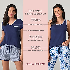 Carole Hochman Women's 4-Piece 100% Cotton Pajama Set – V-Neck T-Shirt, Tank, Capri Pants & Shorts with Drawstring & Pockets, Medieval Blue, X-Large