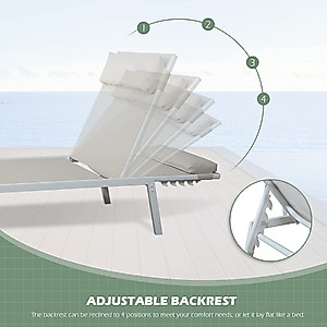 PATIO TREE 2 PCS Patio Full Flat Chaise Lounges Outdoor Steel Recliner Lounge Chairs with Four-Position Adjustable Backrest, Beige