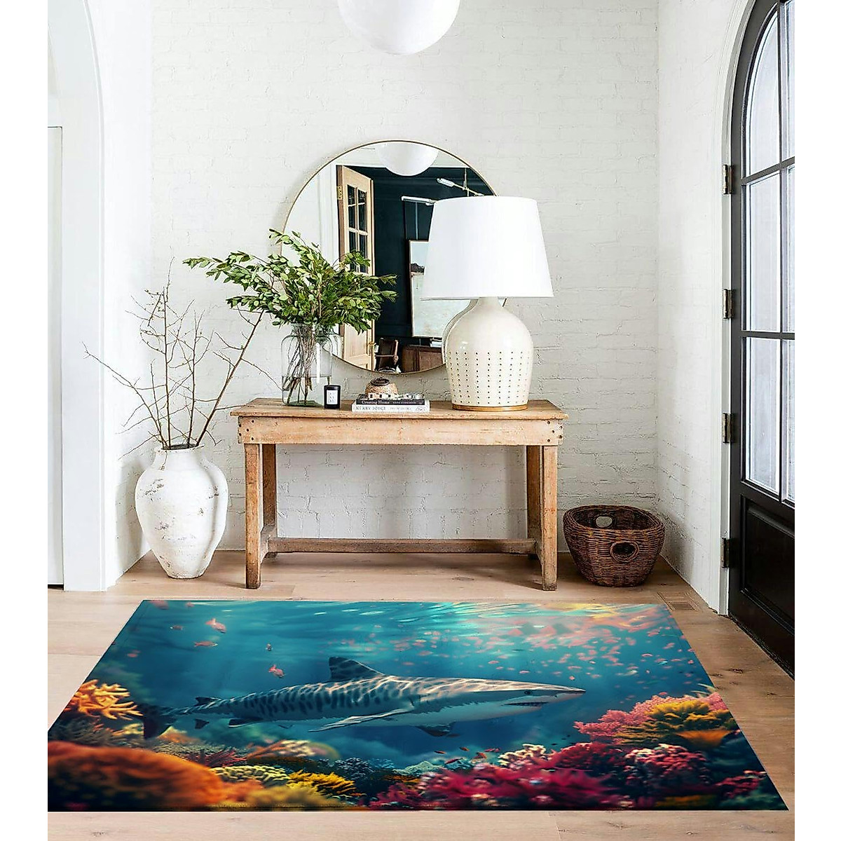 A solitary tiger shark patrolling its territory surrounded by an ether 3x5 Rug Throw Rugs Entryway Indoor Front Door Mat Non Slip Bedside Area Rug For Bedroom Aesthetic Kitchen Carpet Machine Washable