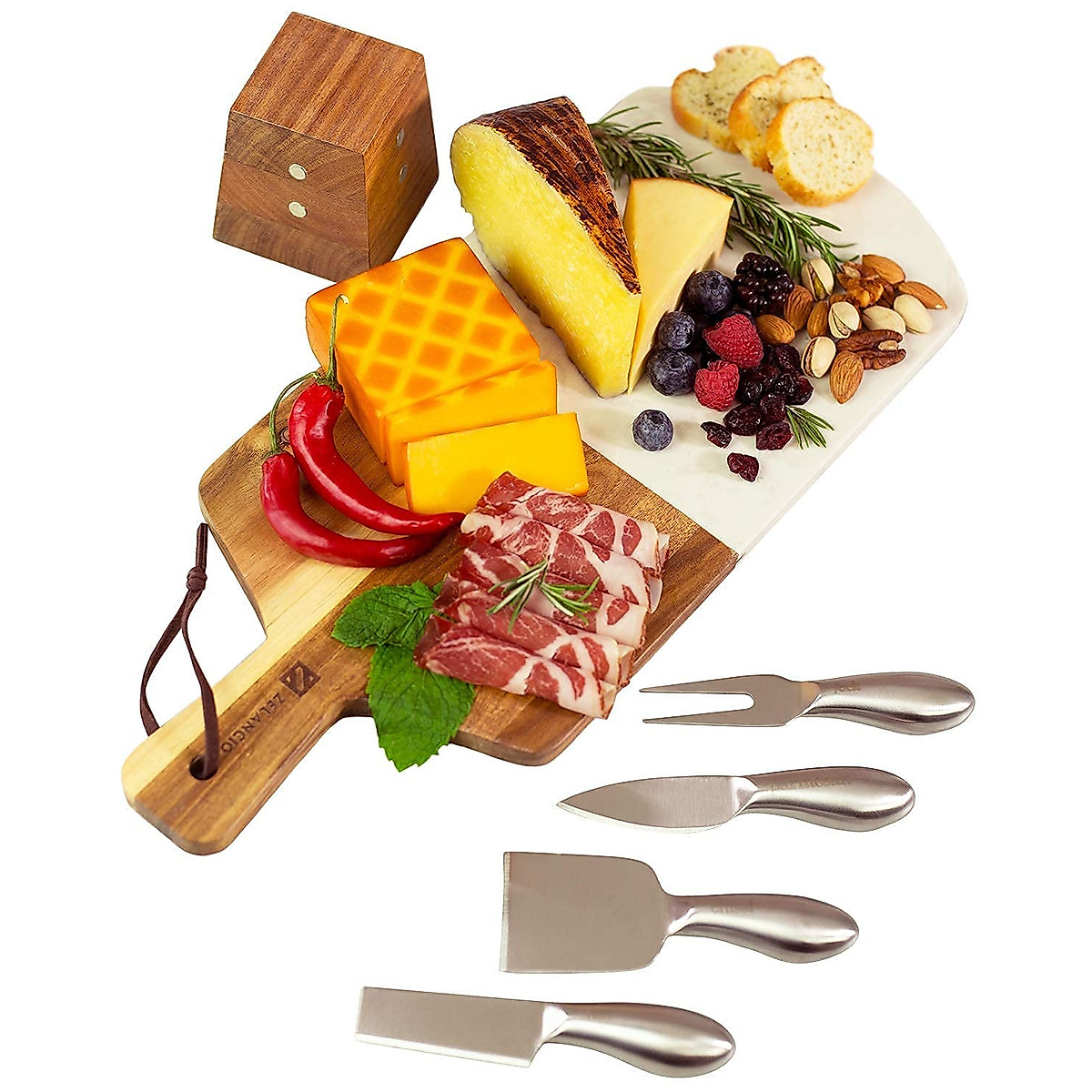 Zelancio Marble and Acacia Wooden Serving Cheese Board, 6 Piece Set Includes Stainless Steel Cheese Tools, Serving Paddle, Wood Cheese Knife Holder with Integrated Magnets