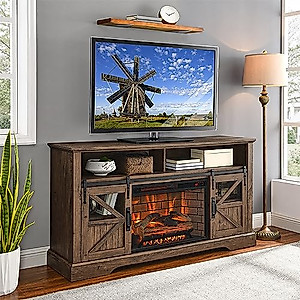 AUWHALEUS 60" Electric Fireplace TV Stand Industrial & Farmhouse Entertainment Console Center with Storaged Cabinet LED Faux Fire, Remote Control, 3D Flame Effect for Living Room, Reclaimed Barnwood