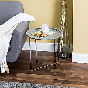 Home Basics , Matte Grey Foldable Round Multi-Purpose Metal Side Accent, Coffee, End Table for Bedroom, Living Room