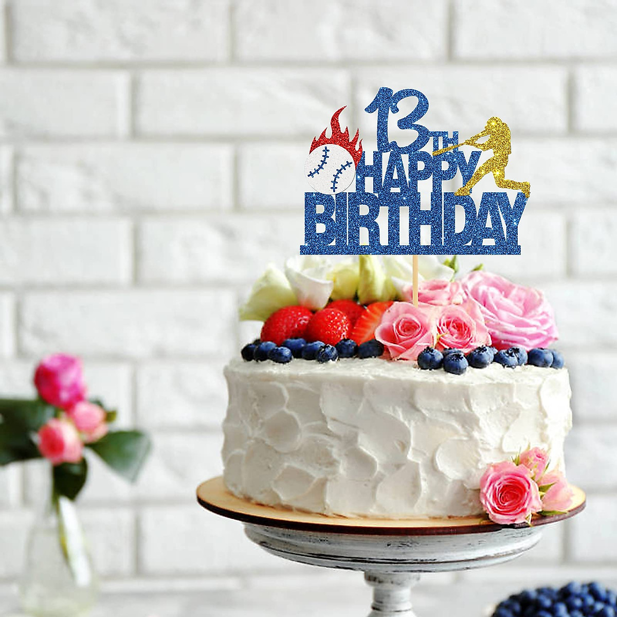 Baseball Themed 13th Birthday Cake Topper, Sport Baseball 13th Birthday Cake Decorations, Teenager Happy Birthday Party Supplies, Glittery Blue