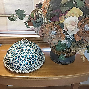 Coralpearl Bamboo Woven Food Dome Lid Cover to Keep out Flies Bugs and Table Serving Tray Storage Plate Platter with Handles for Picnic Party Bread Cake Pizza Dry Fruit Dessert Indoor Outdoor (Blue)