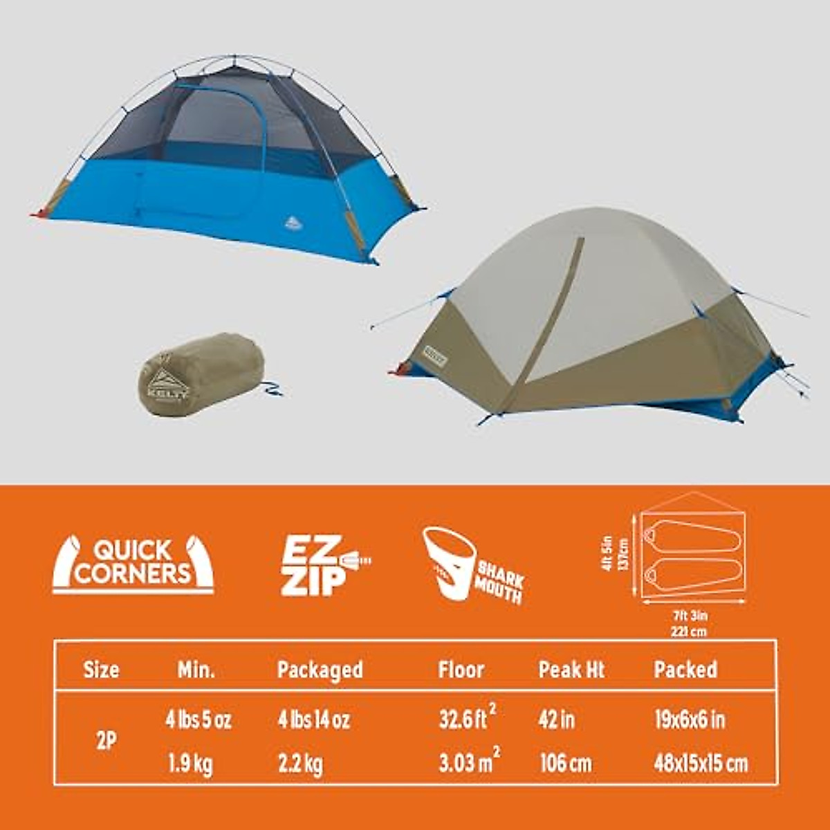 Kelty Ashcroft 2P Tent - 2 Person Camping Shelter with Full Coverage Rainfly, Lightweight Aluminum Poles, Camping Backpacking Festival Shelter