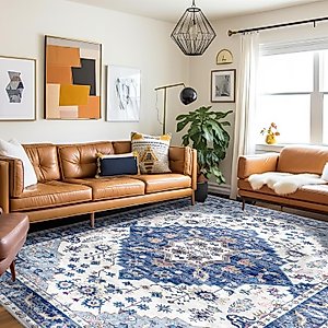 Vamcheer Vintage Washable Area Rug for Living Room 9x12 Soft Faux Cashmere Short Pile Rugs for Bedroom Kitchen Dining Home Office Non-Shedding and Easy-Cleaning, Blue