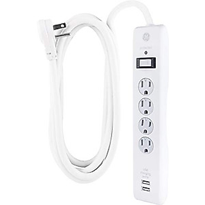 GE Surge Protector, 4 Outlets 2 USB Ports, Extra Long 8ft. Power Cord, White, 25798