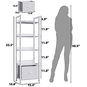 Furologee 5 Tier Bookshelf with Drawer, Tall Narrow Bookcase with Shelves, Wood and Metal Book Shelf Storage Organizer, Modern Display Standing Shelf Unit for Bedroom, Living Room, Office, White