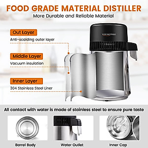 YOUNGTREE 4L Polished Stainless Steel Water Distiller, 110V 1 Gallon Distilled Water Machine for Home Countertop, UL Listed Distilled Water Maker, 750W Electric Automatic Water Purifier