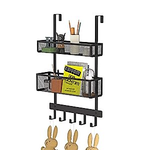 AMOOSON Over The Door Hooks Organizer Hanger, Coat Hooks Towel Rack with 2 Mesh Basket 5 Hooks Hanging Storage Spice Rack for Bathroom Bedroom Kitchen Over The Door Storage Organizer, Black