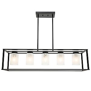 VINLUZ 5 Light Kitchen Island Chandeliers Farmhouse Black Linear Dining Rooms Lighting Fixtures Hanging with White Alabaster Glass Shade Rectangle Modern Industrial Pendant Ceiling Lights