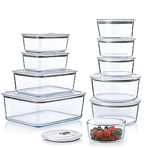 FineDine 20-Piece Glass Food Storage Container Set - 100% Leakproof, BPA-Free, and Oven Safe - Perfect for Meal Prep and On-the-Go (Grey)