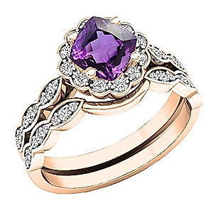 Dazzlingrock Collection 5.5 MM Cushion Amethyst & Round Diamond Ladies Halo Wedding Ring Set in 14K Rose Gold, Size 7.5