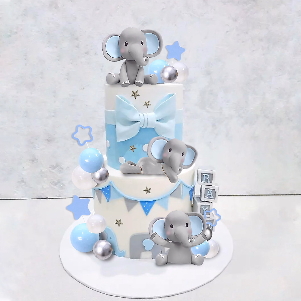 32 Pcs Elephant Cake Decoration with Mini Elephant Blue White Pearl Balls for Baby Shower Boy Elephant Theme Birthday Party Supplies (BLUE)