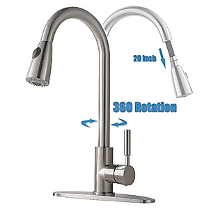 Friho Modern Brushed Nickel Single Hole 1 Handle Stainless Steel Pull Down Sprayer Kitchen Faucet, Pull Out Kitchen Sink Faucet Swivel Spout with Deck Plate