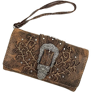 Zelris Western Country Floral Buckle Crossbody Trifold Fold Wallet (Brown)